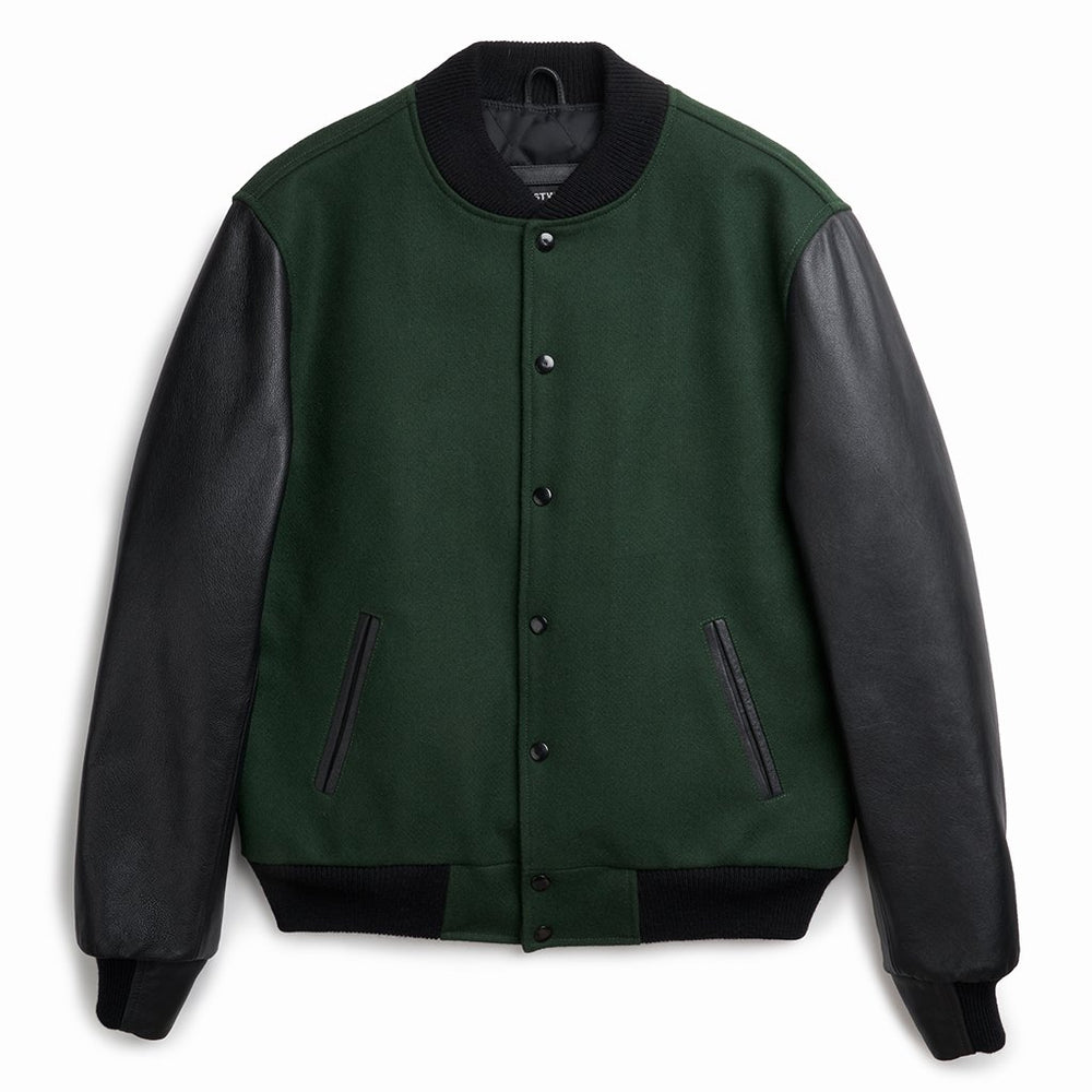 Pine Varsity Jacket | Dark Green & Black Leather Jacket
